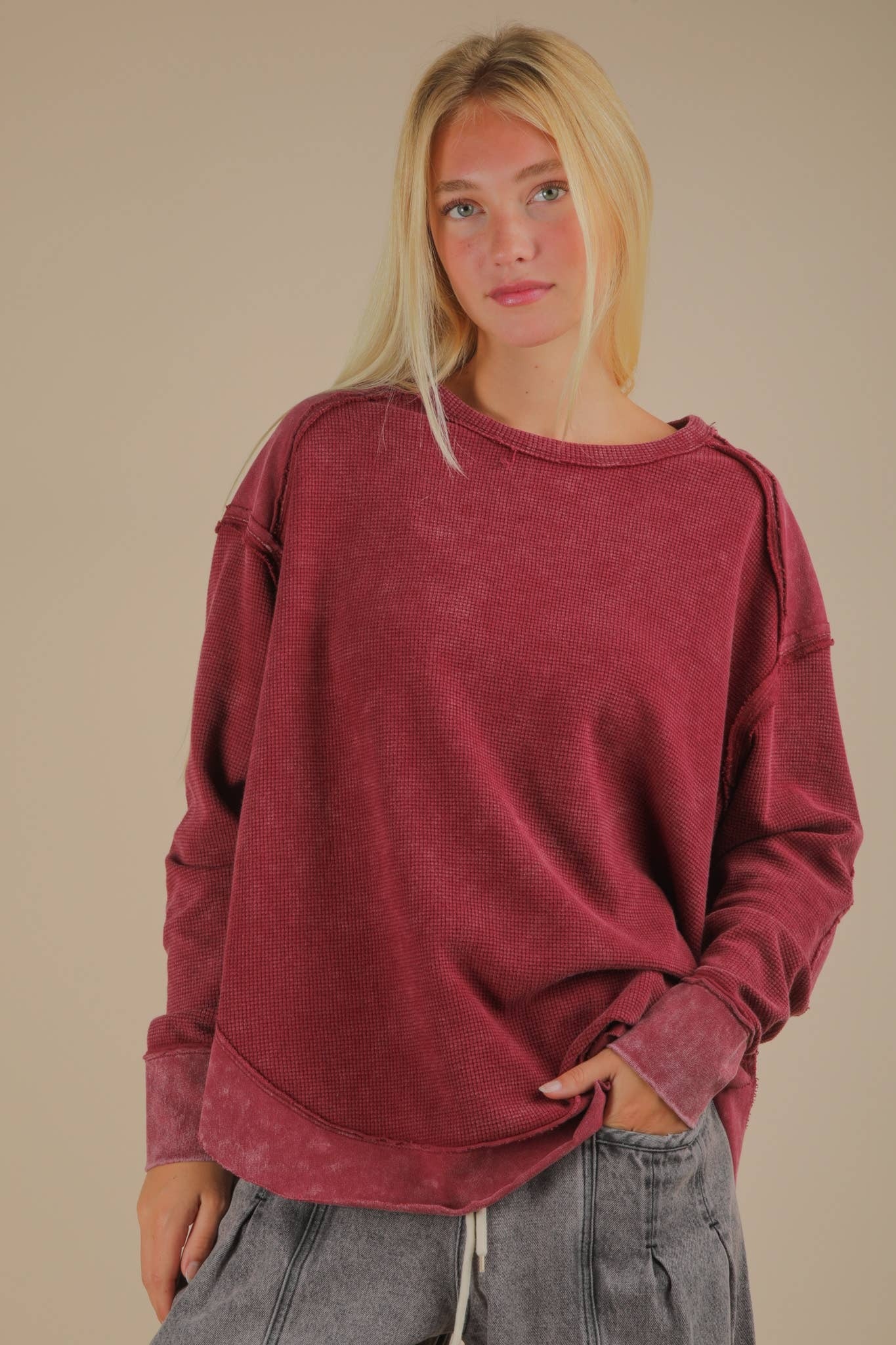 Mineral Washed Elbow Patch Contrast Knit Top | Simplicity by Shelyn ...