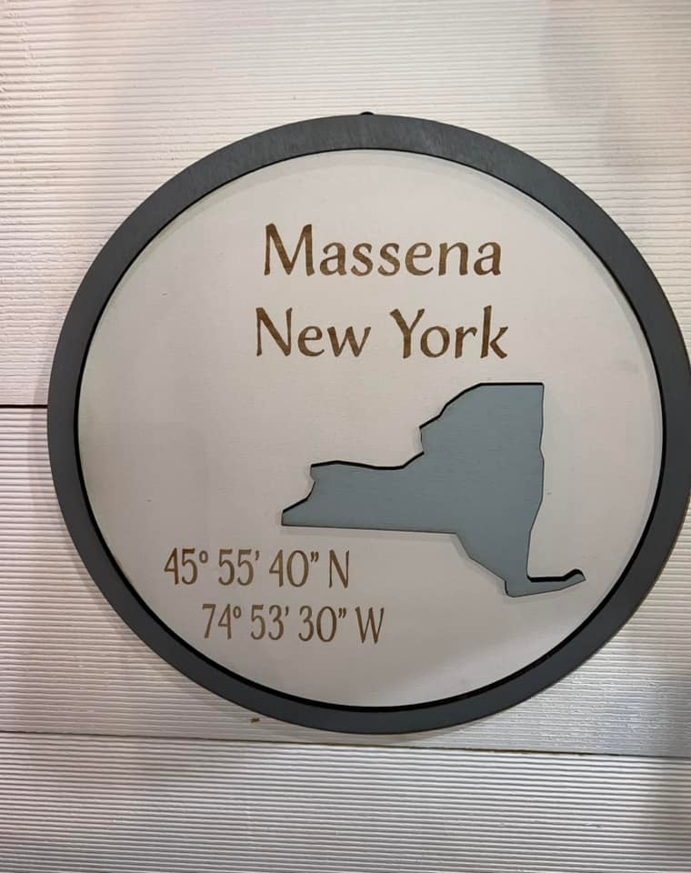 Pine Designs - 11" Round Massena NY & Coordinates Sign | Simplicity by ...