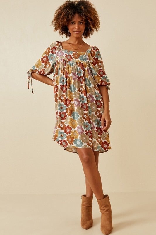 Earthy Floral Square Neck Tie Sleeve Shift Dress | Simplicity by Shelyn ...
